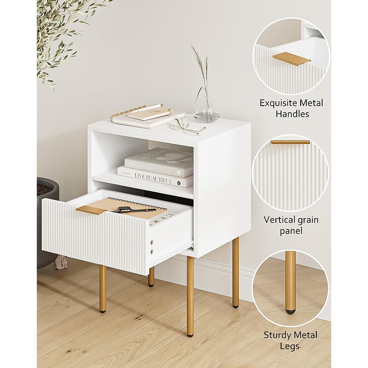 Masupu Nightstand,Mid-Century Modern Bedside Table with Storage Drawer and Open Wood Shelf,Small Gold Frame Side Table for Bedroom,Living Room,White