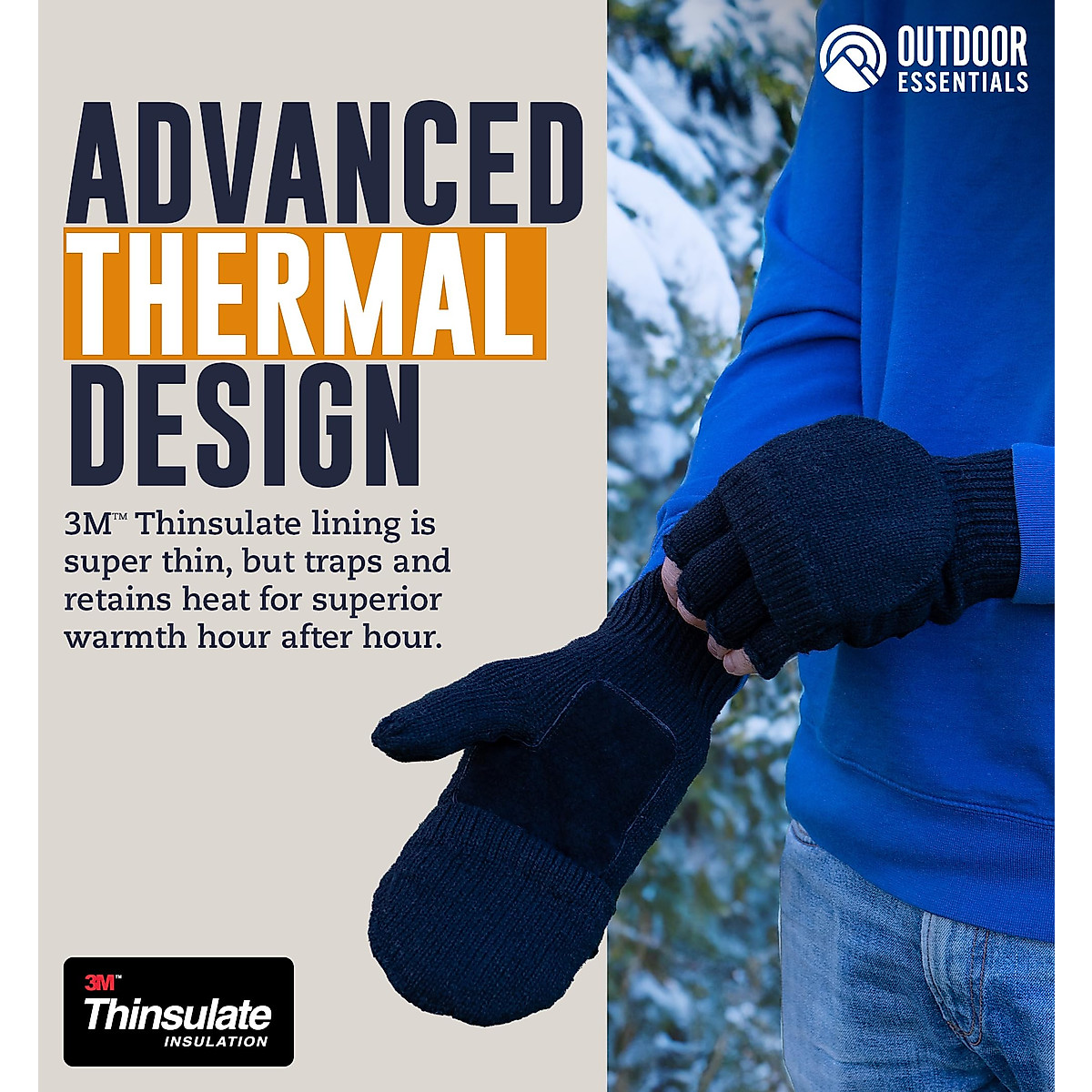 OutdoorEssentials Fingerless Winter Gloves Convertible Mittens for Men & Women - Warm Knit Flip Top Wool Mitten Gloves