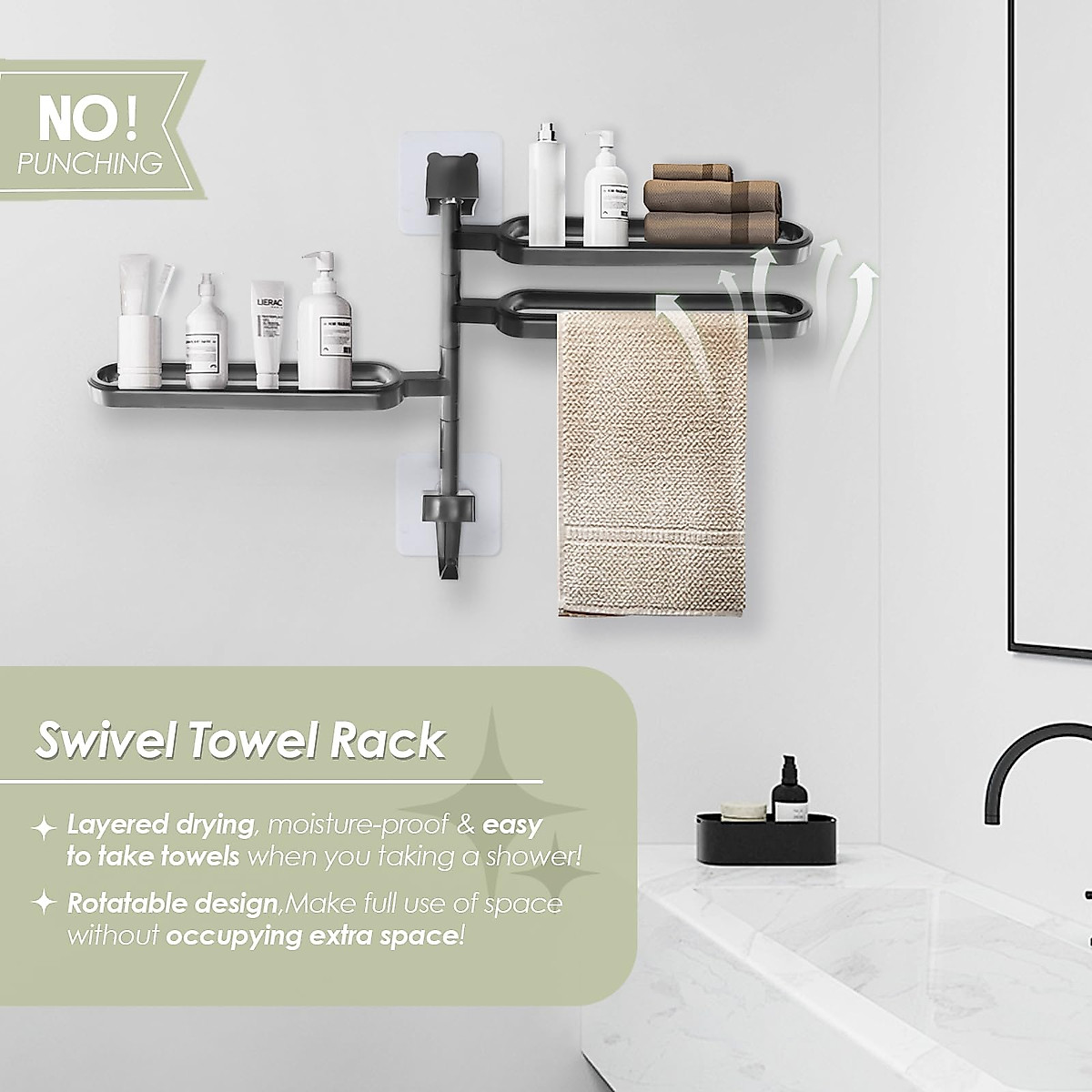 Pysrych No Drill Swivel Towel Rack Wall Mounted 3-Arm Towel Bar ABS Self-adhesive Towel Holder with Hook for Bathroom Shower Kitchen Black
