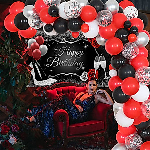 Red Black and Silver Party Decorations for Women Birthday Party Supplies Red Black and Silver Balloon Garland Silver Glitter Happy Birthday Backdrop High Heels Champagne Glass Background