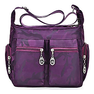 FiveloveTwo Lightweight Nylon Multi Pocket Hobo Shoulder Crossbody Bag Handbags and Purses for Women Men Top-handle Messenger Crossbody Bag Pack Totes Satchels Purple Camouflage