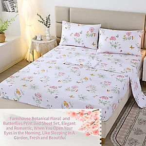 RYNGHIPY Egyptian Cotton Bed Sheets Full Size Set Garden Botanical Flowers Butterfly Sheets Set with Pillowcases Ultra Soft and Breathable Deep Pockets (White,Full Size)