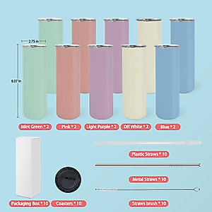 FECBK 20 oz Sublimation Tumblers Bulk 10 Pack Straight Skinny Tumblers Blanks with Lids and Straws Double Wall Stainless Steel Sublimation Tumbler Cups, Individually Box, Diy Gift, Macaron Color