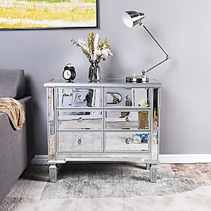 Bonnlo Mirrored Dresser 6 Mirrored Drawers, Mirrored Cabinet, Glass Mirror Dresser for Bedroom with 6 Storage Drawer Modern Chest of Drawers, Silver, 32”L x 12”W x 28”H
