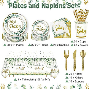 JerDorgo Baby Shower Decorations, 220 Pcs Sage Green Baby Shower Decorations Kits with Party Plates and Napkins Sets, Baby Shower Decor Party Supplies with Banner, Balloons, Sash, Cake Topper