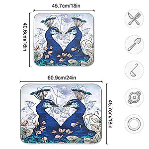 Painting Lovely Heart Peacock Dish Drying Mat 16"x18" Absorbent Machine Washable Hanging Fast Dry Pad Dish Protective Mat for Kitchen Countertop Heat Resistant Dinner Table Mat