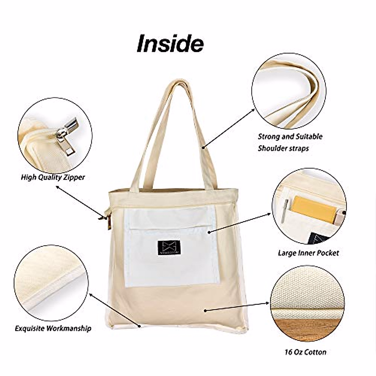 Canvas Tote Bag Zipper with Pockets Gift for Book Lover Women Kids School Work Travel Shopping Cotton Christmas Gift (School)