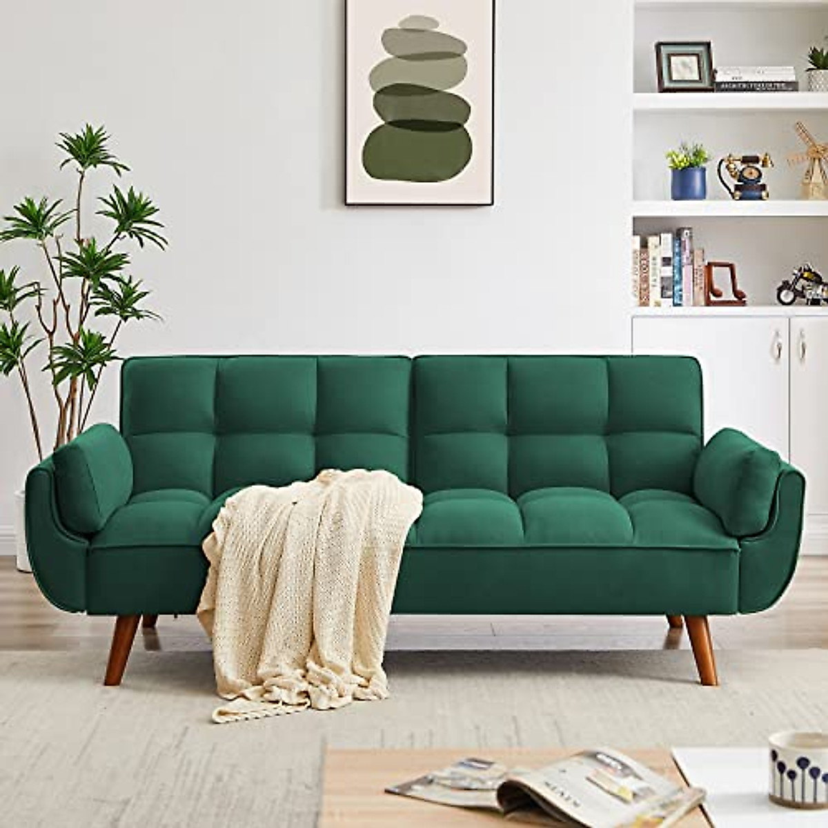Betoko Convertible Futon Sofa Bed Sleeper Twin Size, Modern Reclining Linen Split Back Sofa Couch with Pillow Top Arm for Compact Living Room,Apartment (Green),(PTARMFUTON)
