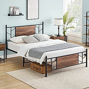 GAOMON 12.6 Inch Queen Size Bed Frame, Metal Platform Bed Frame with Wooden Headboard and Footboard, Mattress Foundation, No Box Spring Needed, No Box Spring Needed, Noise Free (Queen)