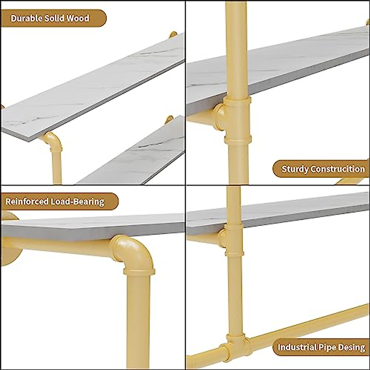 MOUTIK Wall Clothing Rack Gold - 46" Long Industrial Pipe Garment Rack with 2 Tier Shelves, Heavy Duty Iron Clothes Rod Retail Display for Bedroom, Laundry