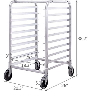 CHEFJOY 10 Sheet Aluminum Kitchen Bun Pan Sheet Rack w/Wheels 2 Lockable Home Commercial Use Bakery Cooling Rack Open Shelf