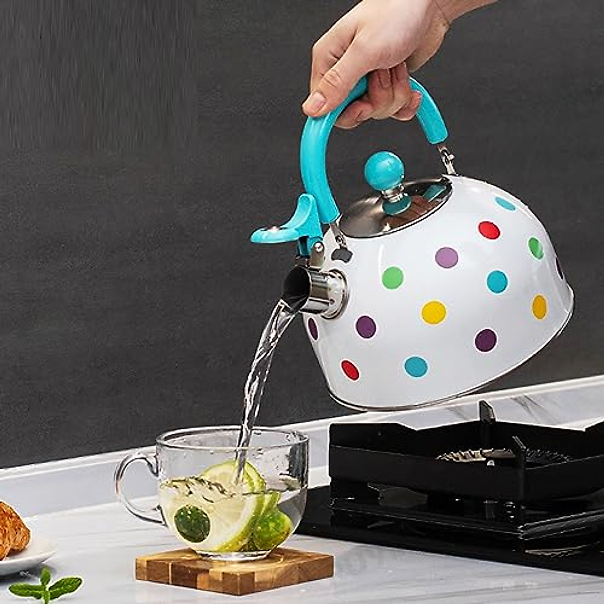 2.5L Whistling Tea Kettle Universal Base,Food Grade Stainless Steel Teapot with Cool wooden Grip Ergonomic Handle Loud Whistle▂19 * 23cm/7.48"*9.06"