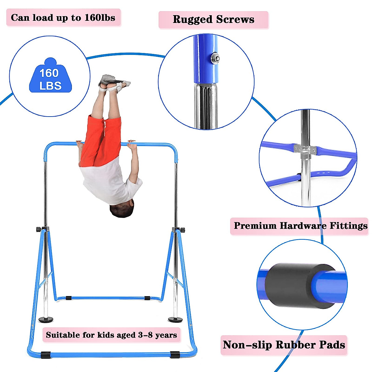 AMRTA Gymnastics Bars for Home with Rings Set Blue, Adjustable Height Training Balance Kip Monkey Bar Folding Horizontal Gymnastic Equipment, for Kids Children Junior Toddler Ages 3-10