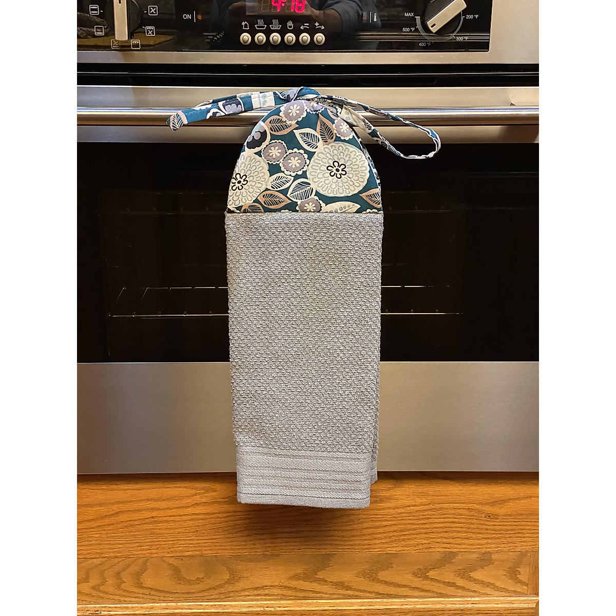 Teal Gray Grey White Flowers Ties On Stays Put Grey Kitchen Bathroom Hanging Loop Hand Dish Towel