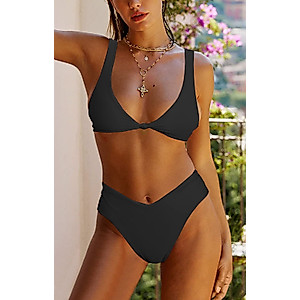 geluboao Womens Black Bikini Set High Waisted V Neck Swimsuit Sexy Kont Front Push Up Cheeky Brazilian Cut Thong Two Piece Bathing Suit M