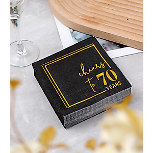 Cheers to 70 Years Cocktail Napkins - 50PK - 3-Ply 70th Birthday Napkins 5x5 Inches Disposable Party Napkins Paper Beverage Napkins for 70th Birthday Decorations Wedding Anniversary Black and Gold