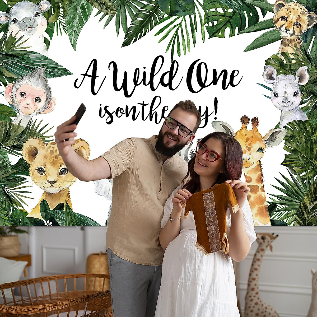 Mocsicka Safari Baby Shower Backdrop Jungle Animals Background Tropical Zoo Animals Party Cake Table Decoration Photo Booth Props (7x5ft)