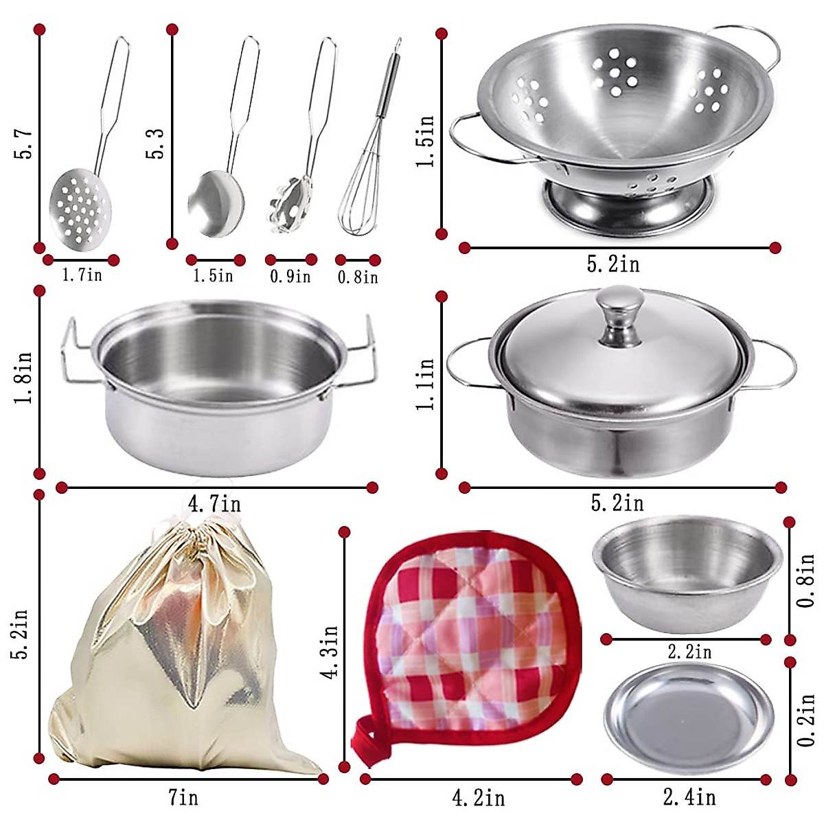 Tiny Size Cooking Pretend Play Kitchen Cooking Toys with Stainless Steel Cookware Play Pots and Pans Set，Cooking Utensils Cookware Kitchen Play Accessories Toys Cooking Pots for Toddlers Kids(Mini)