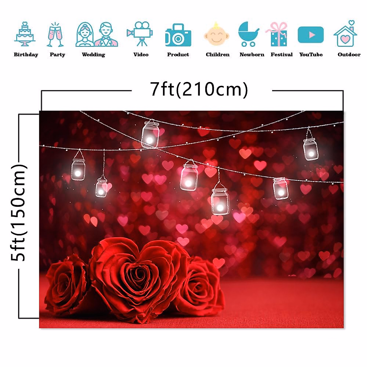 MAQTT 7 x 5 FT Red Love Heart Rose Bokeh Glitter Photo Backdrop Valentine's Day Mother's Day Wedding Bride Shower Party Photography Background Girl Birthday Decoration Supplies