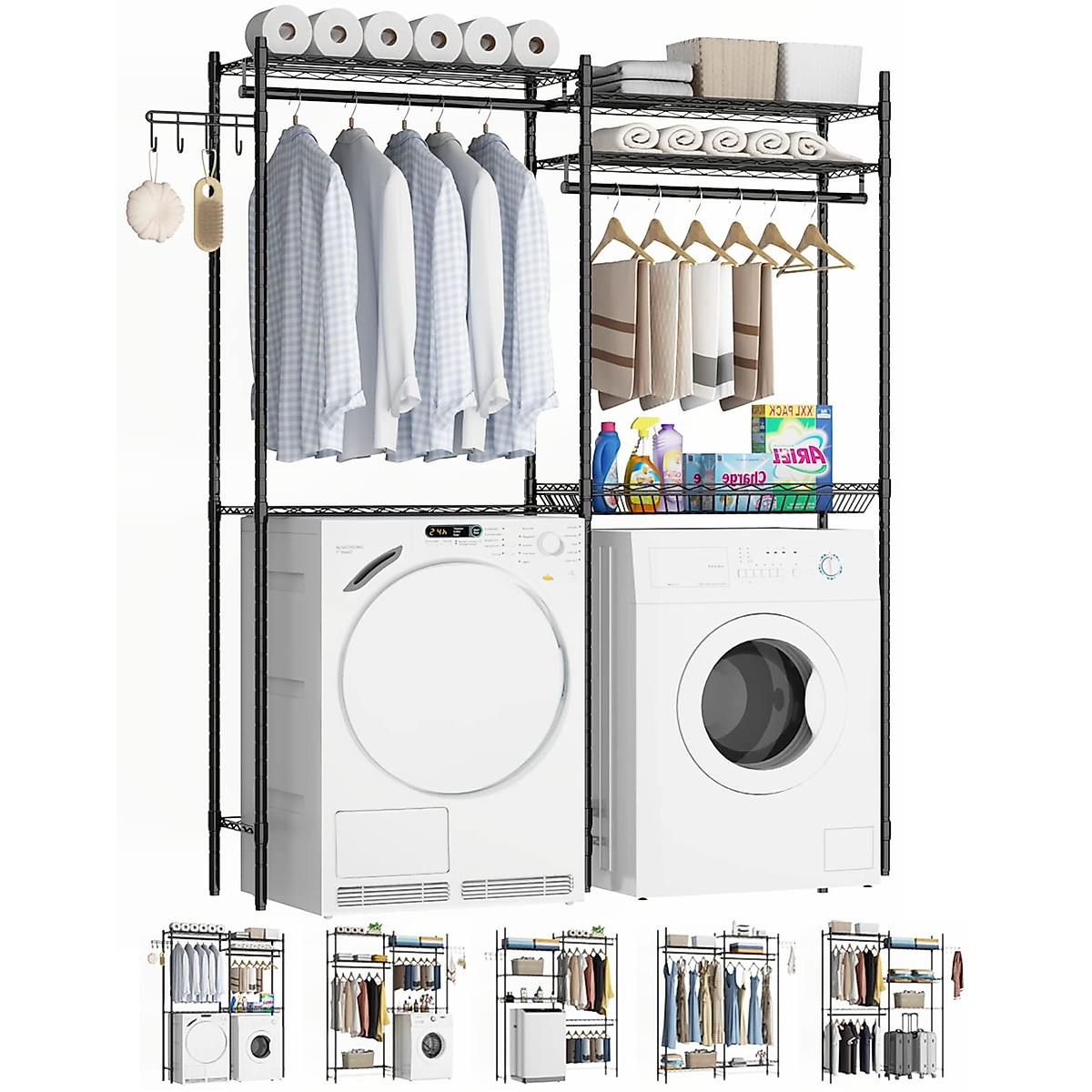 Loomie Over The Washer and Dryer Storage Shelf, Laundry Room Organization Shelves, 5 Tiers Adjustable Height Shelving,Bathroom Space Saving Drying Organizers Rack with Wire Basket,Haning Hook & 2 Rods