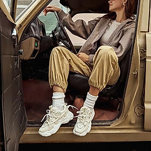 BEAU TODAY Chunky Sneakers for Women,Women Fashion Platform Sneakers,Leather Comfortable Casual Walking Dad Shoes Beige US 7