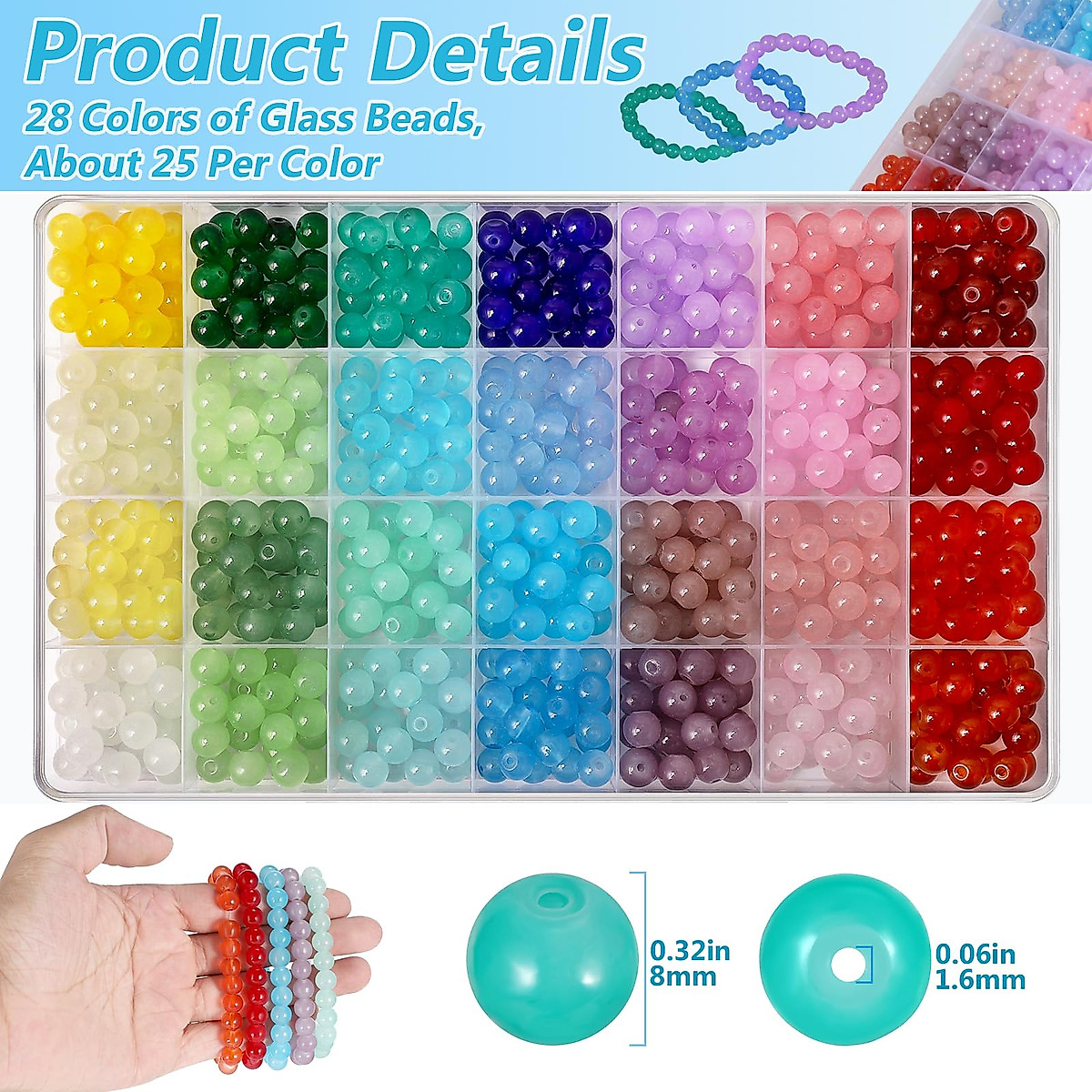 700 Pcs 8mm Glass Beads for Jewelry Making,28 Colors Crystal Beads Bracelet Kit for Bracelet Jewelry Making and DIY Crafts