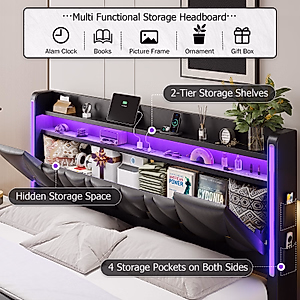 BYSAUD Floating Bed Frame with RGB Light，Hidden Storage Space in The headboard,Floating Bed with Charging Station Including 2 Standard sockets, PU Leather (King)