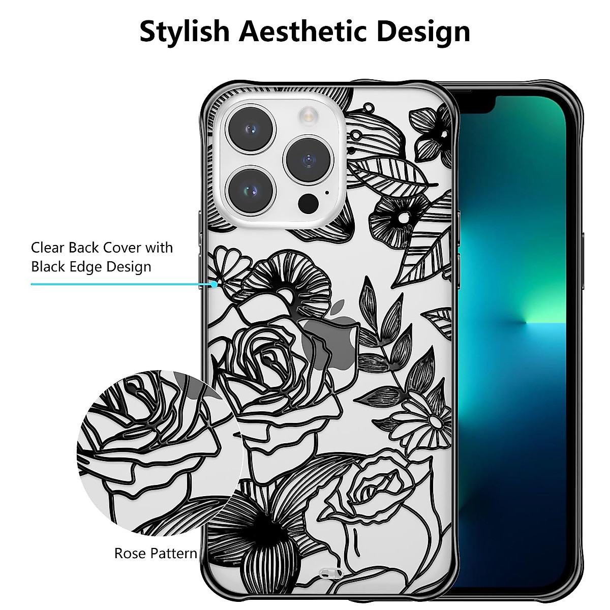 XIZYO for iPhone 13 Pro Max Case 6.7 Inch Cute Phone Case Floral Rose Aesthetic Flower Clear Case for Women Girls Slim Pattern Anti-Yellow Shockproof Protective TPU Bumper Case, Black