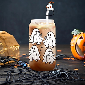 Halloween Ghost Glass Cups With Lid & Straw - 16 oz Spooky Halloween Iced Coffee Tumbler, Cute Halloween Gifts for Women, Teens Girls, Boo Basket Stuffers Items, Include 2 Silicone Straw Covers