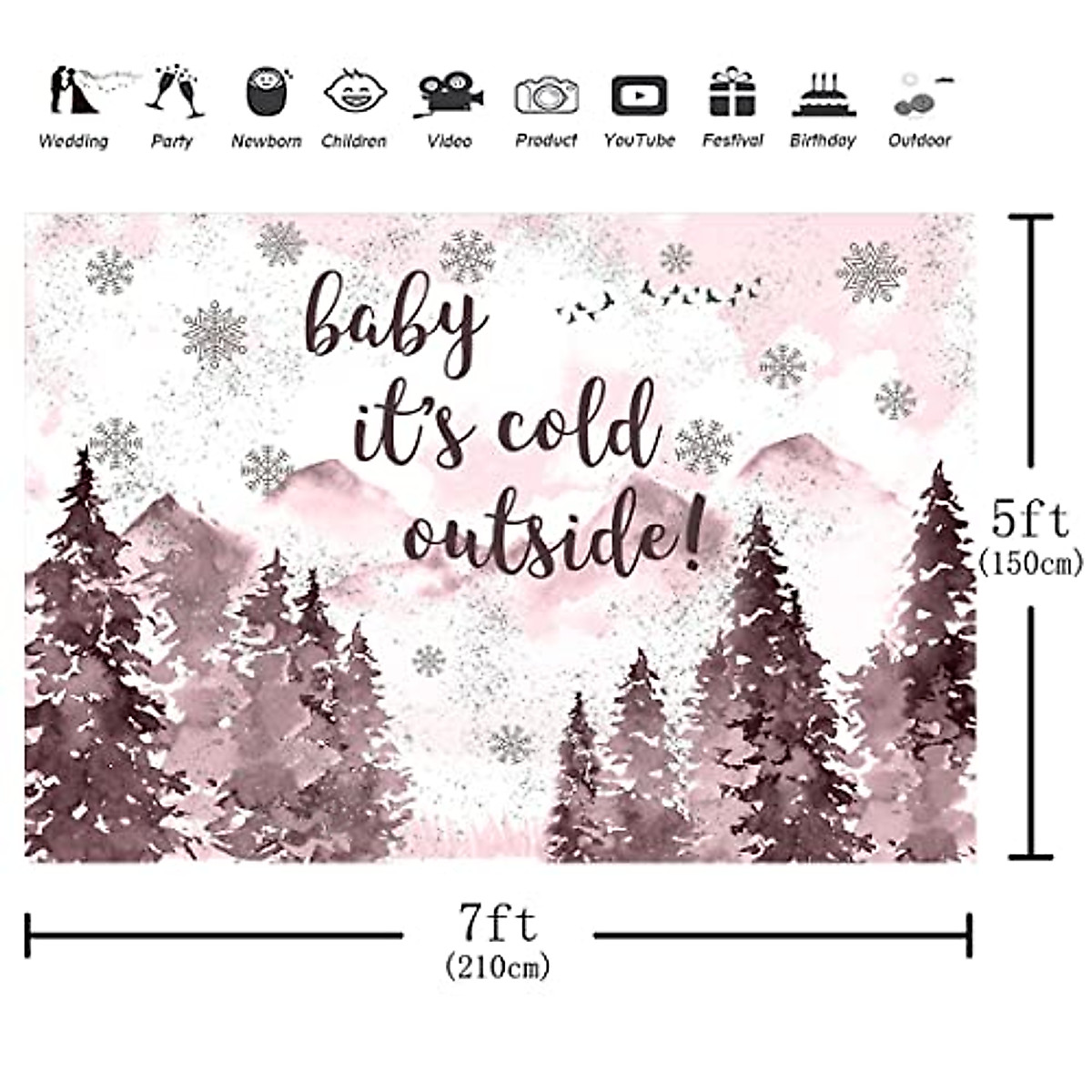 Aperturee Mountain Baby Shower Backdrop 7x5ft Baby It's Cold Outside Girl Party Decorations Banner Snow Forest Snowflake Photography Background Woodland Adventure Gender Neutral Party Supplies