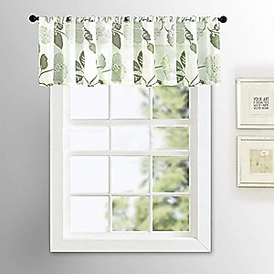 MRTREES Sheer Printed Valance Curtains for Kitchen Windows, Small Modern Rod Pocket Voile Valance Window Treatment for Bathroom Basement(1 Pack, 54" W x 16" L, White with Olive Green Floral Pattern)