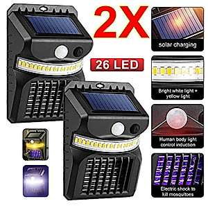 Bug Zapper Outdoor (2pack) 2 in 1 Solar Mosquito Zapper Lamps PIR Motion Sensor Wall Light Ultraviolet Electric Shock Mosquito Zapper Lamp