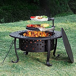 PaPaJet 36 Inch Fire Pit with 2 Grill, Outdoor Wood Burning Firepit with Lid, Metal Round Table for Backyard Patio Garden Picnic Camping Bonfire