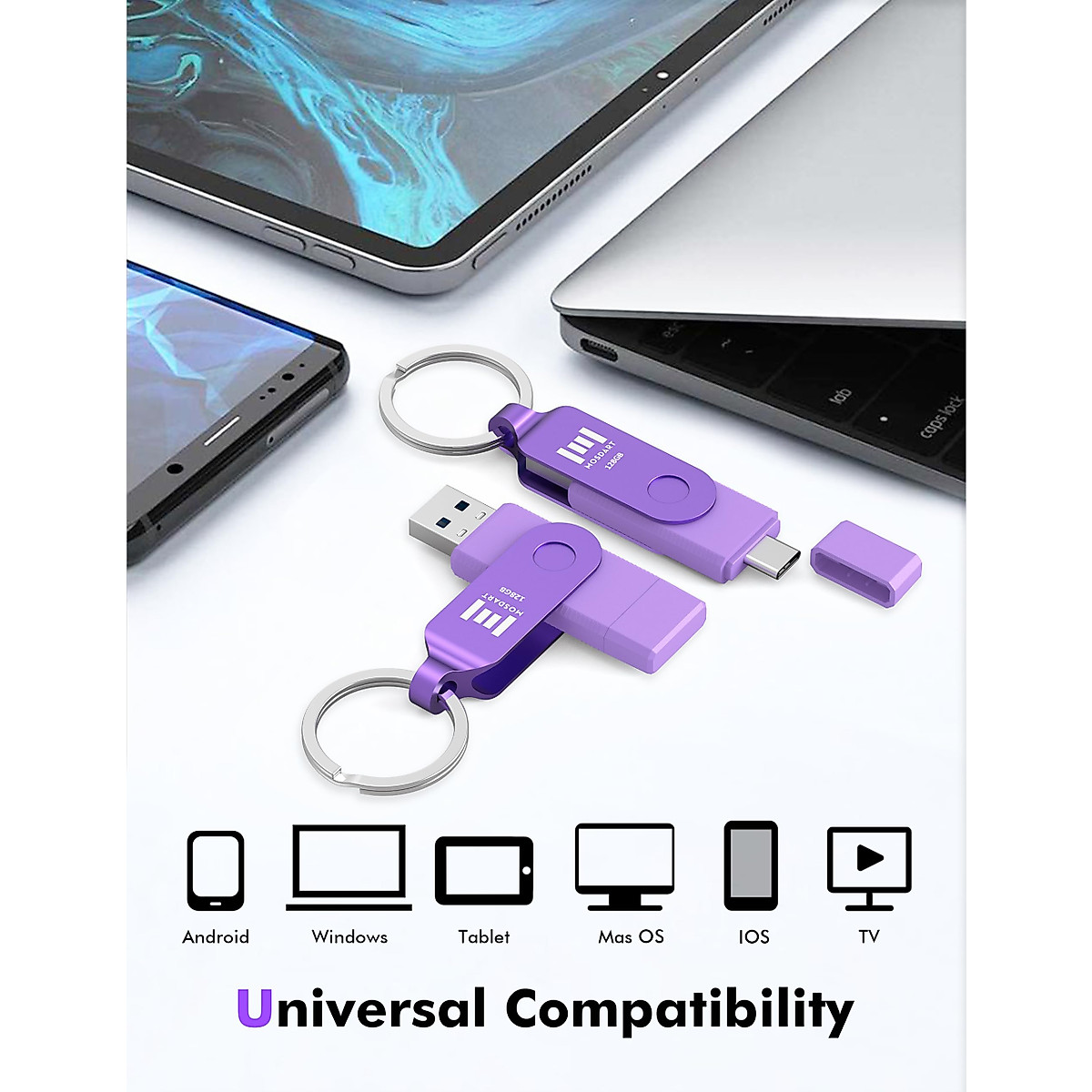 MOSDART 128GB USB C Dual Flash Drive Speed Up to 150MB/s with Keychain - 2 in 1 OTG USB 3.1 Type-C Thumb Drive Memory Stick for USB-C Android Phones, iPhone 15, MacBook, iPad, Computers, etc. Purple