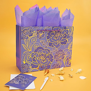 Qirrmiy 13" Large Rose Purple Gift Bag Set with Greeting Card and Tissue Paper for Women or Girls for Celebrating Birthdays, Valentine's Day, Weddings, Anniversaries, Mother's Day