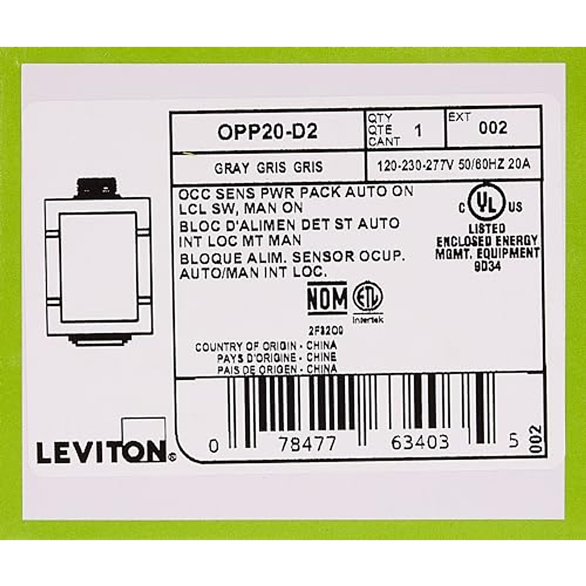 Leviton OPP20-D2 20-Amp Super Duty Power Pack for Occupancy Sensors, Basic with Auto-On, Manual-On and Local Switch Inputs, Gray