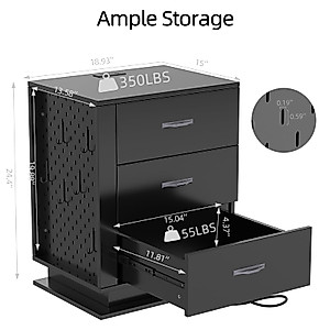 VINGLI Nightstand with Charging Station, Led Nightstand with Pegboard & Hooks, 3 Drawer Nightstand, Smart Nightstand, Wood Nightstand Bedroom, Modern Nightstand, Bedside Table, End/Side Table, Black