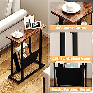 Narrow Side Table for Small Spaces, Small End Table with Magazine Holder Table, Skinny Slim Little Thin Table for Living Room, Bedroom, Sofa, Rustic Brown