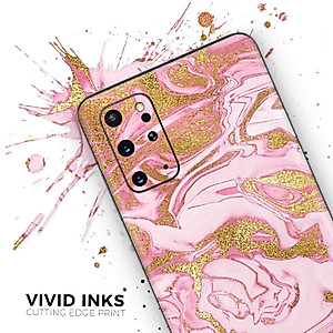 DesignSkinz Rose Pink Marble & Digital Gold Frosted Foil V17 Protective Vinyl Decal Wrap Skin Cover Compatible with The Samsung Galaxy S20 (Screen Trim & Back Glass Skin)