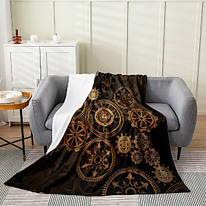 Golden Industrial Gear Throw Blanket Twin 60x80,Steampunk Style Fleece Blanket for Kids Boys Men,Retro Clocks Theme Flannel Blanket Home Room Decor,Mechanical Fuzzy Blanket All Season Lightweight