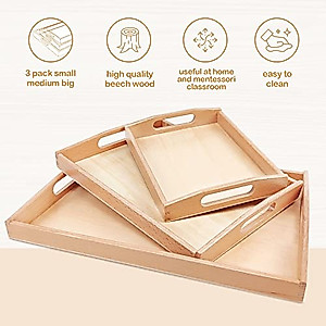 Montessori Wooden Trays with Handles, 3 Pack Small Medium Big Quality Wood Tray for Toddlers and Kids Montessori Activities, Trays to Store Toys and Educational Aids at Home Kindergarten (Beech)