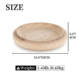 Hanobe Decorative Dough Wood Bowl: Round Paulownia Wooden Bowls for Decor Rustic Centerpiece Bowl for Coffee Table, Natural