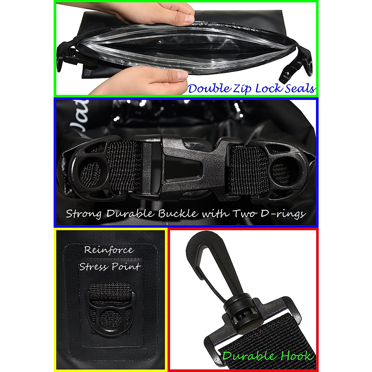 Freegrace Waterproof Dry Bags Set Of 3 Dry Bag With 2 Zip Lock Seals & Detachable Shoulder Strap, Waist Pouch & Phone Case - Can Be Submerged Into Water - For Swimming (Black, 10L)