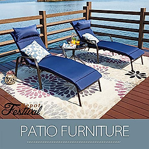 Festival Depot 3 Pieces Outdoor Patio Chaise Lounge Adjustable Back Chairs Set of 2 Chairs and 1 Bistro Table for Pool Garden Backyard with Removable Cushions (Blue)