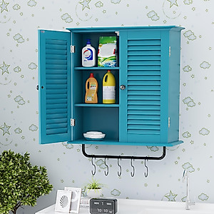 TaoHFE Bathroom Cabinet Wall Mounted Turquoise Designer Bathroom Wall Cabinet Medicine Cabinet with Double Shutter Doors 3 Tier Adjustable Shelf with Towel Rack Over The Toilet Storage Cabinet Laundry