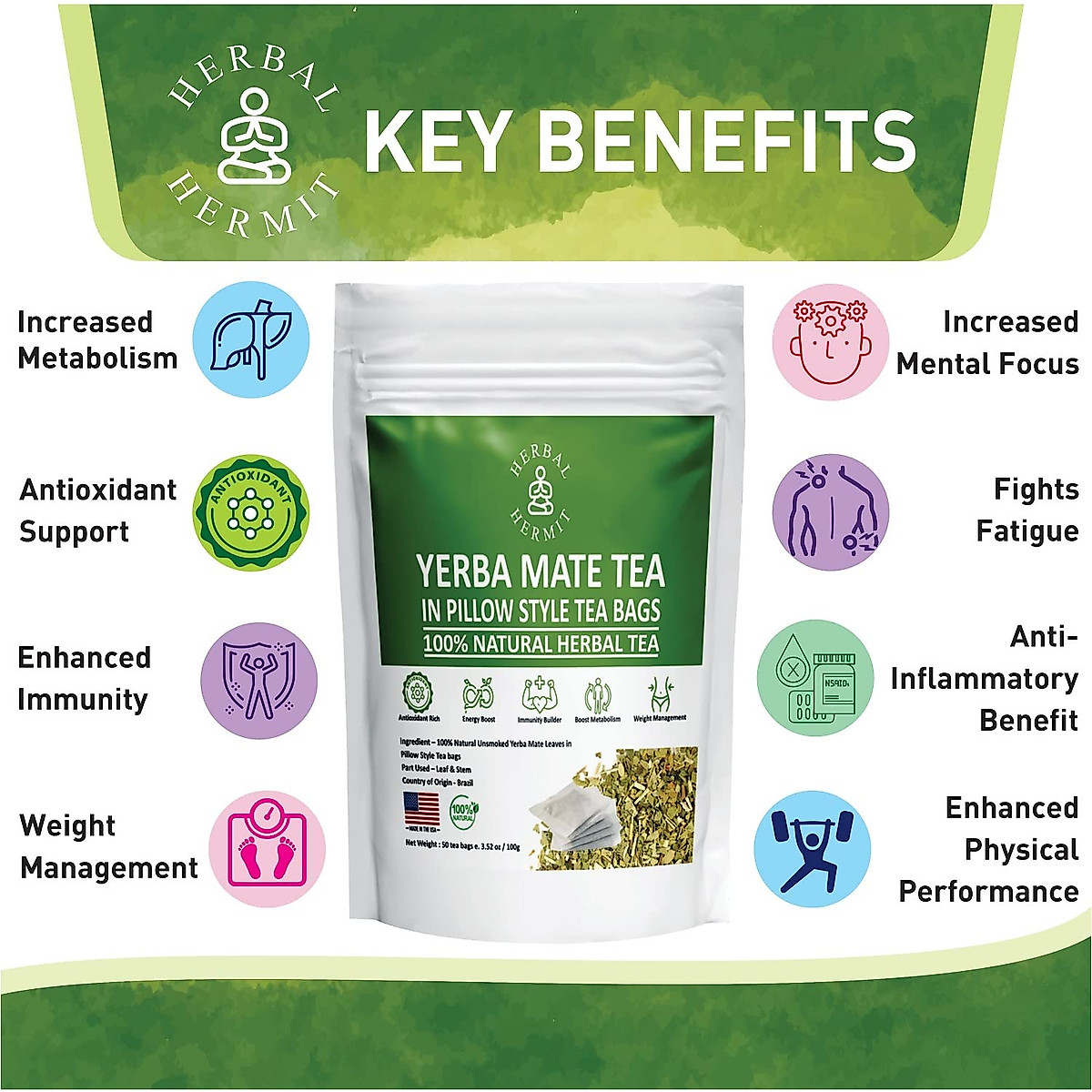 Herbal Hermit Yerba Mate herbal-teas with 50 tea bags Natural Organic Yerba Matte Rich in Chlorophyll, Antioxidants and Vitamins, Made in USA