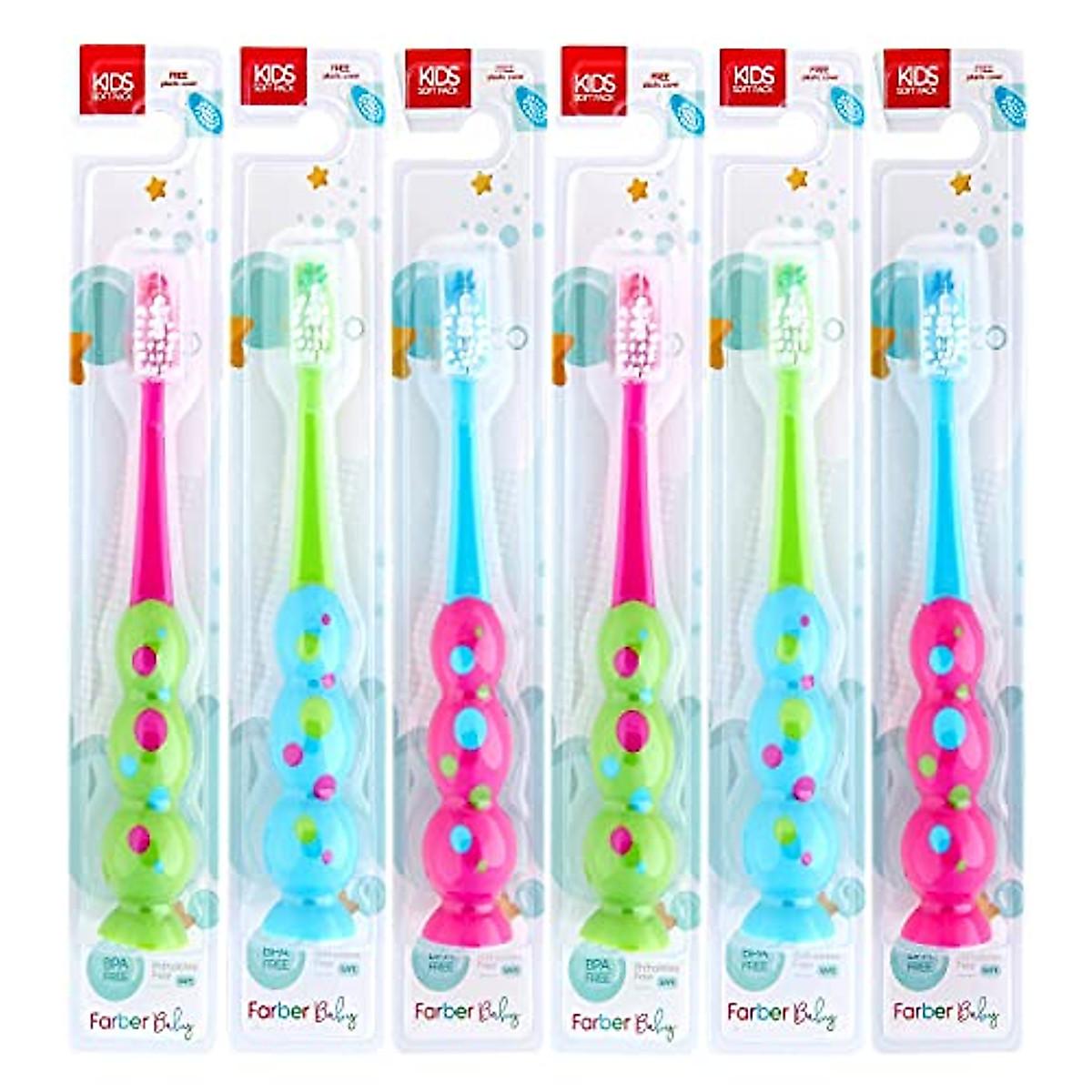Farber Baby Kids Toothbrushes Set – Childrens Toothbrush 6 Pack with Compact, Extra Soft Bristles for Sensitive Teeth and Easy Grip Suction Cup Handles – Includes 6 Travel Covers (Pink, Blue, Green)