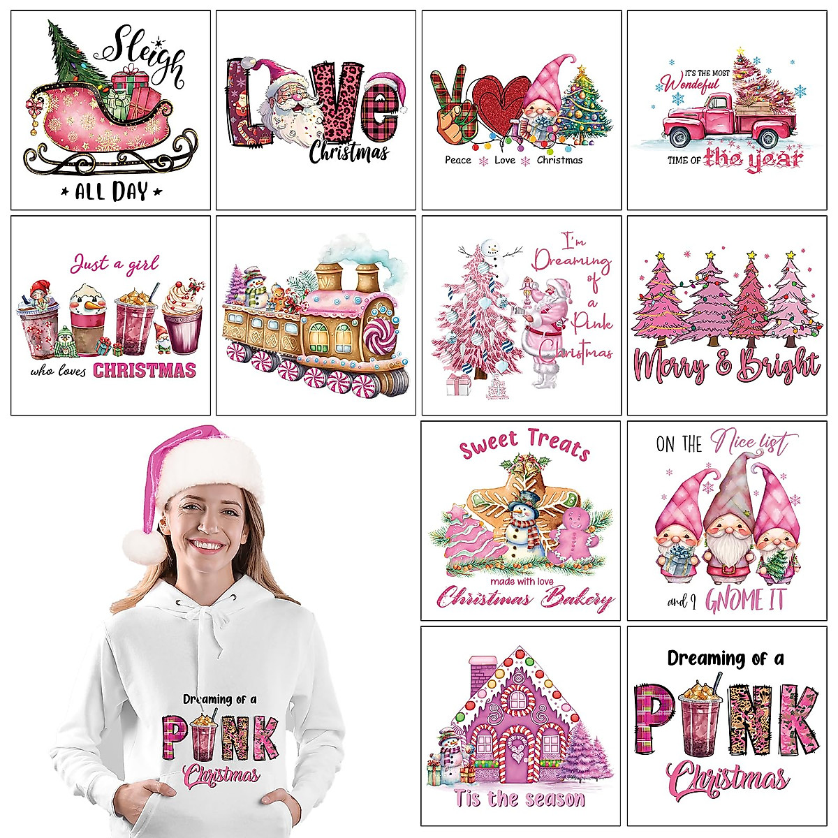 Fumete 12 Sheets Christmas Iron on Transfers for T Shirts Pink Iron on Decals Elk Snowman Tree Pattern Applique Stickers Christmas Heat Transfer Paper Stickers for DIY Xmas Clothing