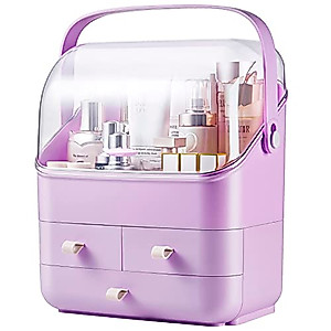 SUNFICON Makeup Organizer Cosmetic Storage Holder Case Purple Beauty Essential Box with Dust Free Cover Portable Handle Fully Open Waterproof Lid Dustproof Drawers Bathroom Countertop Bedroom Dresser