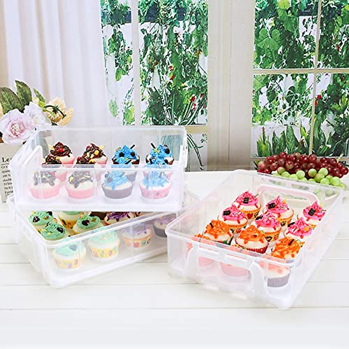ATRDTO 3-Tiers Stack Carry Storage Box With Handle, Transparent Stackable Storage Bin With Handle Lid Latching Storage Container for Holds 36 Cupcakes or 3 Large Cake (Style A)